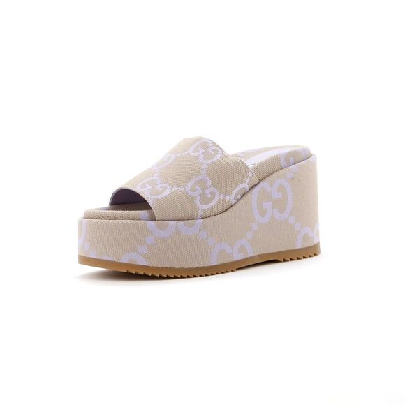 Gucci | Shoes | Gucci Womens Angelina Platform Wedge Sandals Gg Canvas ...